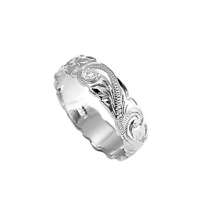 Arthur's Jewelry 14K white gold hand engraved Hawaiian plumeria scroll band ring cut out 6mm size 8.5
