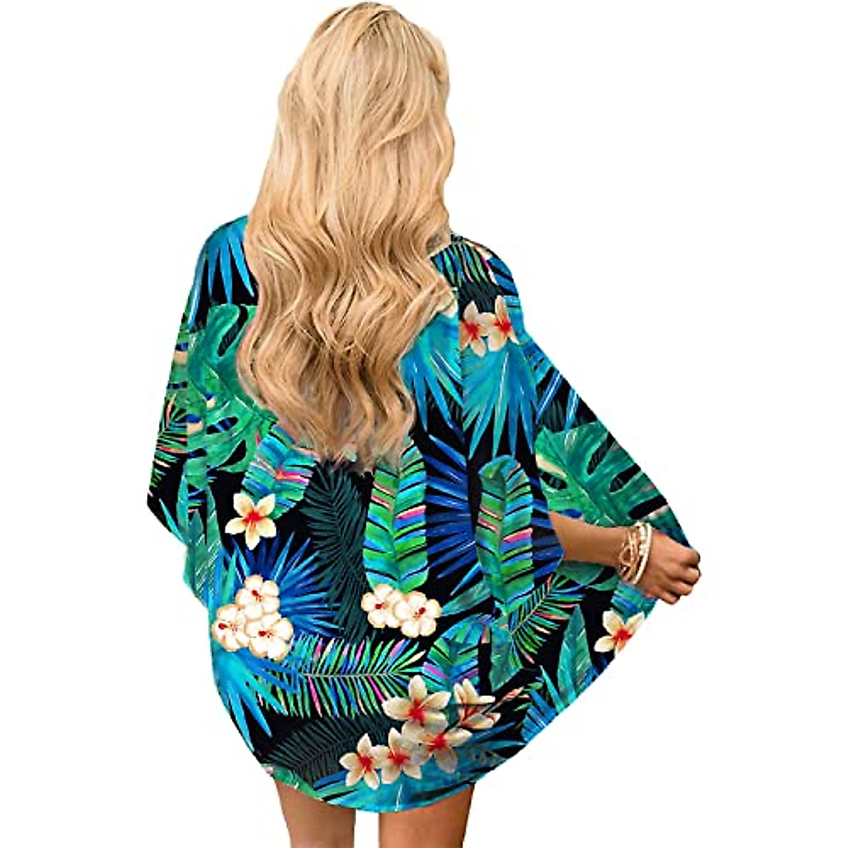 Women Chiffon Kimono Cardigans Tropical Tops Hawaiian Shirts Summer Beach Sheer 3/4 Sleeve Leaf Print (Black, M)