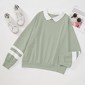 Tuislay Cute Sweatshirts for Women Kawaii Clothes Aesthetic Pullover Teens Girls Preppy Hoodies Pocket Turn-Down Collar Tops (Green,L,Large)