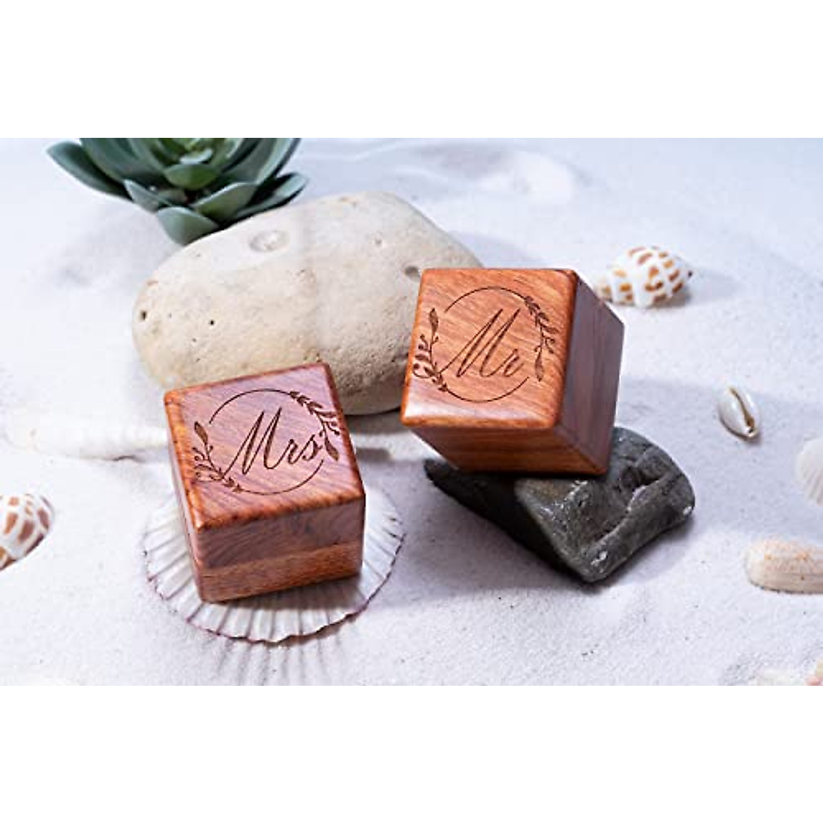 Mr. and Mrs. Ring Box – Handmade Wood Ring Box for Wedding day Ring Boxes Small Engraved for Engagement/Proposal, Rustic Ring Box, Ring Storage Box Engagement Gift (Wood Ring Box - Flower 2 PCs)