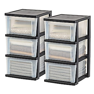 IRIS USA 3-Drawer Plastic Storage Dresser, 2-Pack, Standing Organizer Storage Container Bin with Drawers for Clothes Crafts Classroom Bedroom Dorm, Black/Clear