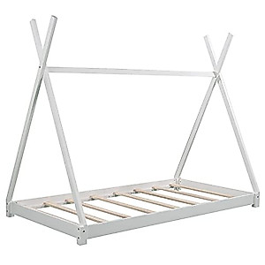 Twin House Bed, Floor Bed, Tent Bed, Wood Platform Bed Frame with Roof for Toddlers Kids Boys Girls Teens, No Box Spring Needed – White