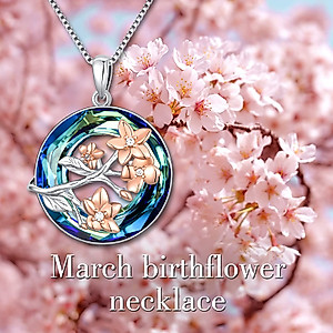 TOUPOP Cherry Blossom Necklace for Women March Birth Flower Necklaces 925 Sterling Silver Dainty Floral Pendant with Blue Circle Crystal March Birth Month Flower Jewelry Birthday Gifts