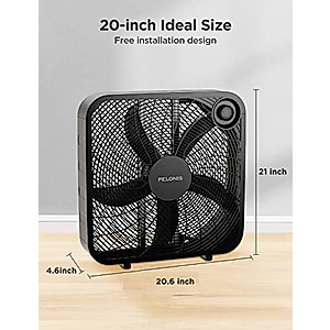PELONIS 3-Speed Box Fan For Full-Force Circulation With Air Conditioner, Upgrade Floor Fan, Black