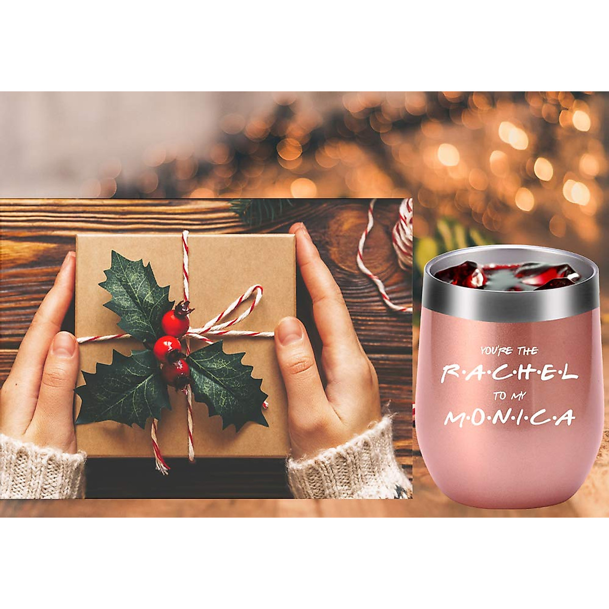 AMZUShome You Are The Rachel to My Monica Mug.Best Friend,Long Distance Friendship,Birthday,Christmas Gifts for Women,Bestie Wine Tumbler(12oz Rose Gold)