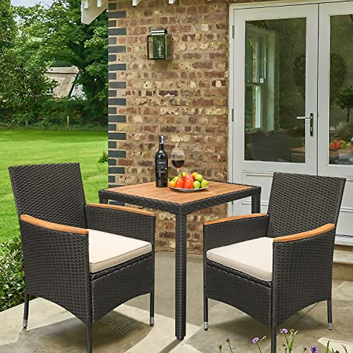 Greesum 3 Piece Patio Furniture Outdoor Dining Wicker Table & Chairs, Beige