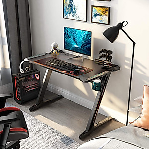 EUREKA ERGONOMIC Computer Desk, Gaming Desk with LED Lights 44.5 inch, Home Office Z Shaped Gaming Computer Desk Table with Mouse Pad Headset Hook Controller Stand Cup Holder, Black