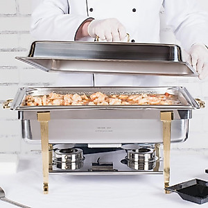 TrueCraftware- 8 Qt. Stainless Steel Full Size Continental Chafing Dish Brass Accent Complete Set- Food Warmer Chafers and Buffet Warmer Sets for Catering Event Party Holiday Buffet Weddings Catering