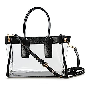 HOXIS Clear PVC Women Satchel Transparent Shoulder Handbag with Vegan Leather Trim Stadiums Approved Purse (Black)