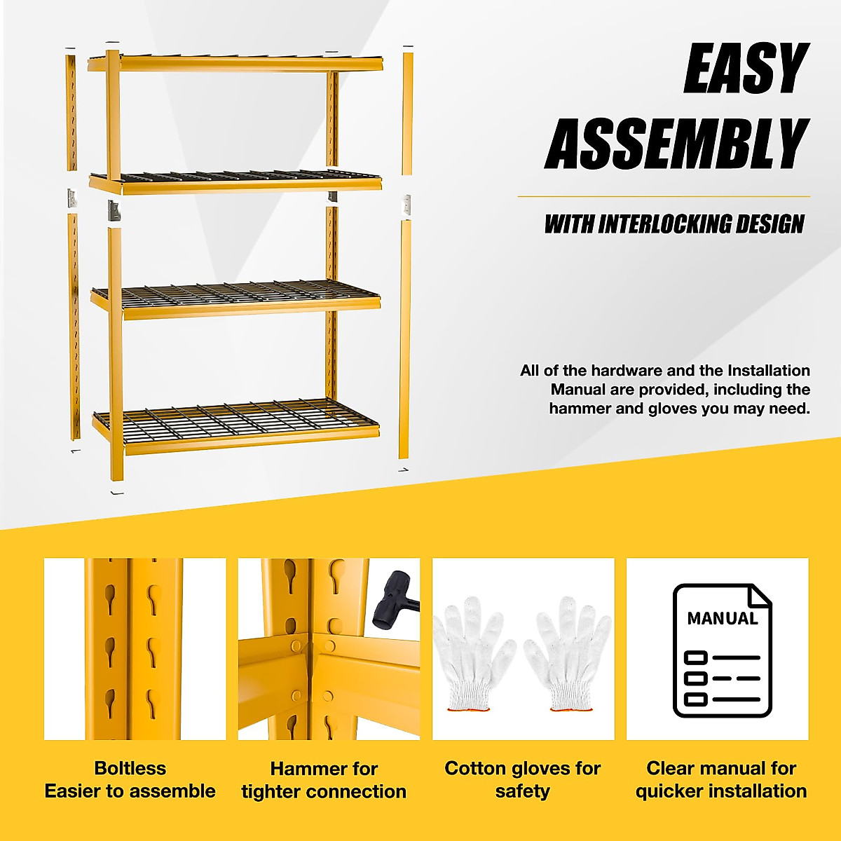 PLAYWUS 40" Garage Shelving, 2400LBS Heavy Duty Storage Rack, 4-Tier Adjustable Metal Wire Shelves, Industrial Shelving Unit for Garage, Kitchen, Living Room, Warehouse, Yellow