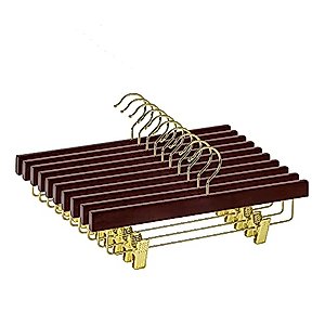 HUMIA 28 Pack Walnut Wooden Pants Hangers with Gold Hook, Solid Wood Skirt Hanger Trousers Bottom Hangers with 2 Adjustable Gold Clips, Clothes Hanger for Jeans, Shorts, Slacks (Walnut, 28)