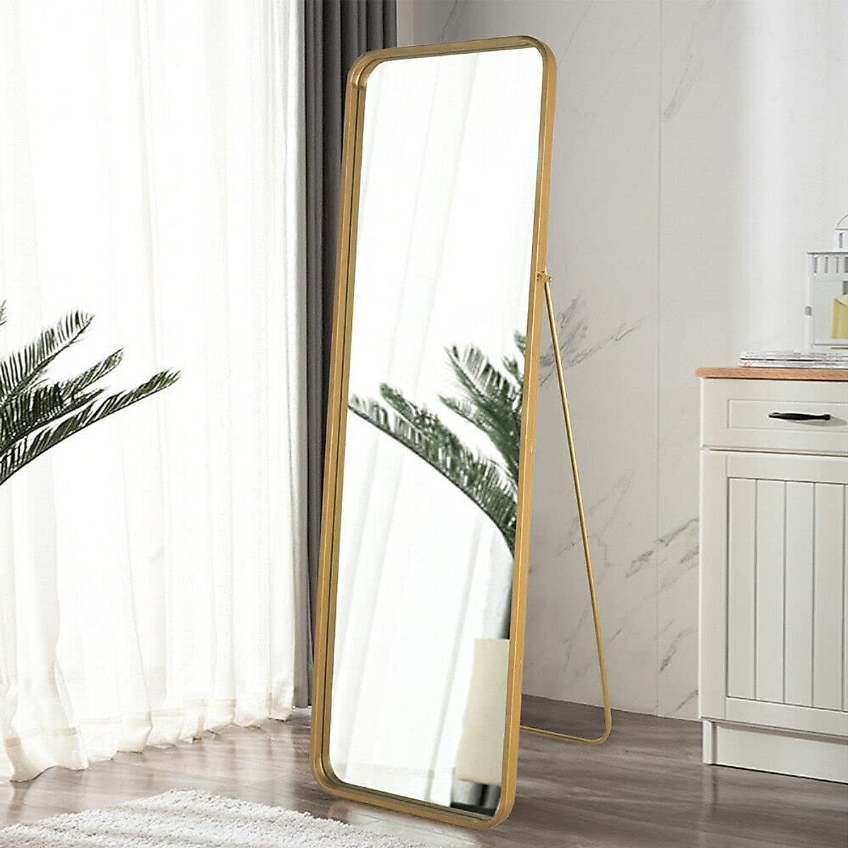 OBIOZZ Floor Mirror, Full Body Mirror Full Length Mirror Standing Gold Rounded Frame with Floor Stand Wrought Iron Full- Body Length Mirror Dressing Mirror for Bedroom Living Room