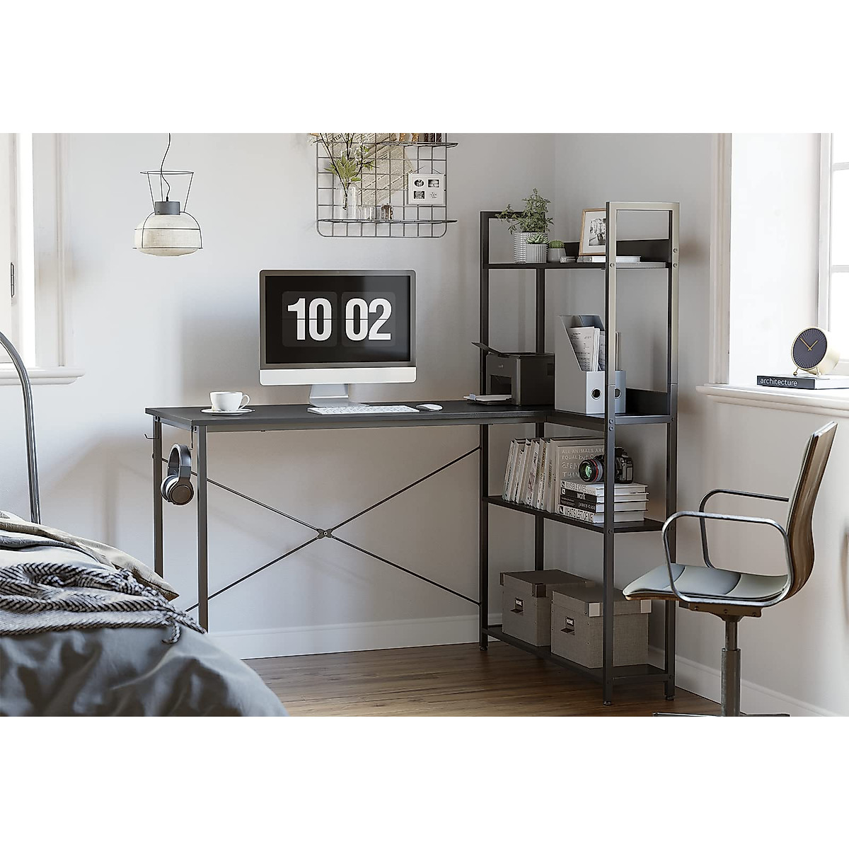 CubiCubi Computer Corner Desk with Storage Shelves, 47 Inch Reversible Small L Shaped Computer Desk, Home Office Writing Desk with 2 Hooks, Black