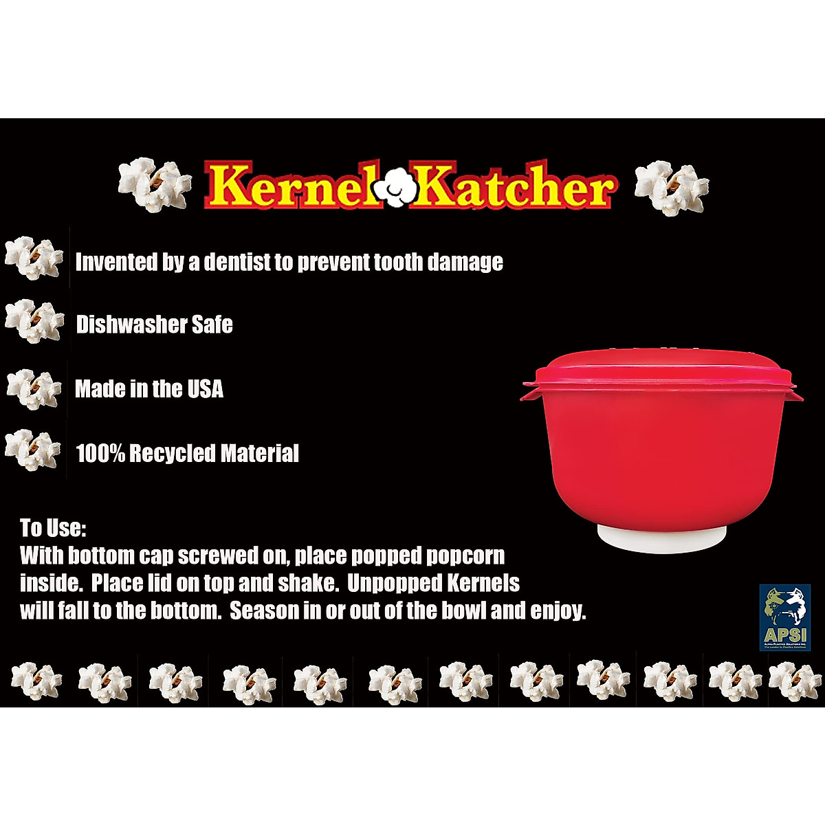 Kernel Catcher Popcorn Bowl-- Dentist Invented, Dishwasher Safe, Recycled Material (Blue)