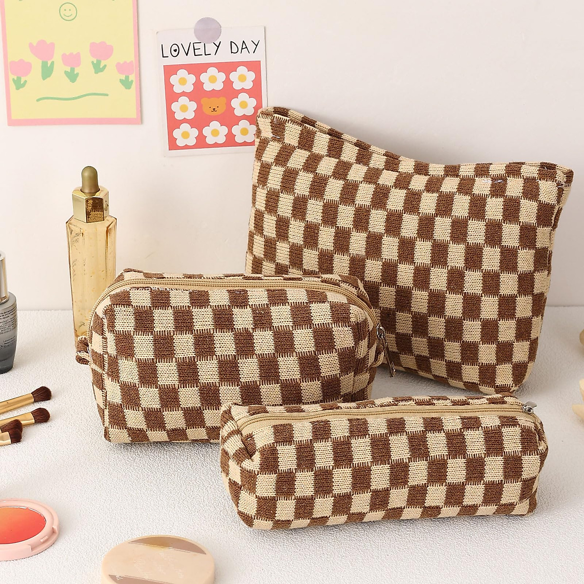 Large Capacity Makeup Bag Set - 3 Pieces Checkered Cosmetic Bag for Women Travel Makeup Bag Organizer Cute Makeup Brushes Storage Bag Travel Toiletry Bag Storage Bag for Women,Brown