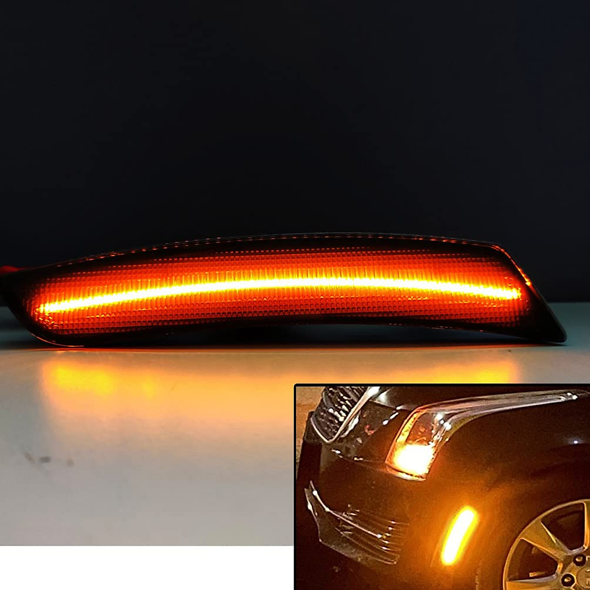 CTS/ATS Amber LED Front Side Marker Lamps Replacement for 2014-2020 Cadillac CTS & 2015-2020 Cadillac ATS Smoked Lens LED Turn Singal Lights Kits Replace OEM Sidemarker Lamps
