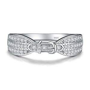 JIARUI Belt Buckle Band Style Promise Statement Ring/Rings for Women Made of S925 Sterling Silver with Pavé Setting Cubic Zirconia Size8