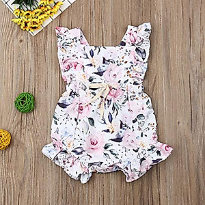 Kuriozud Newborn Infant Baby Girl Floral Ruffle Bowknot Romper Bodysuit One-Piece Jumpsuit Summer Outfits Clothes (12-18 Months, Floral)