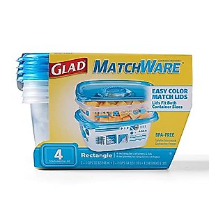 Gladware Matchware Food Storage Containers, 4 Count Rectangular Containers & Lids | BPA Free Easy Match Food Storage | Lids Fit 2-4 Cup Size Containers | Microwave-Safe, Freezer-Safe, Dishwasher-Safe