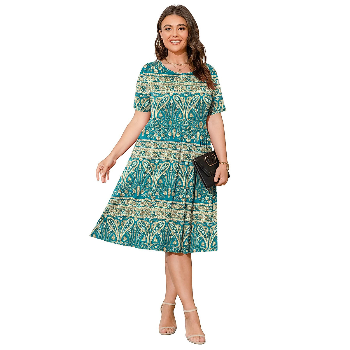 POSESHE Womens Plus Size Summer Dress for Women 2024 Hide Belly Soft Comfy Casual Empire Waist Dress,Blue Kaqi,XL