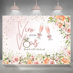 Rsuuinu Vino Before Vows Bachelorette Weekend Backdrop for Parties Glitter Dots Flowers Ring Champagne Bride to Be Photography Background Bach Party Wedding Decorations Banner Photo Booth Props 7x5ft