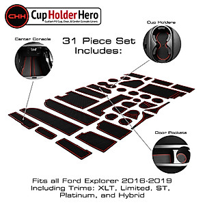 CupHolderHero fits Ford Explorer Accessories 2016-2019 Premium Custom Interior Non-Slip Anti Dust Cup Holder Inserts, Center Console Liner Mats, Door Pocket Liners 31pc Set (Red Trim)