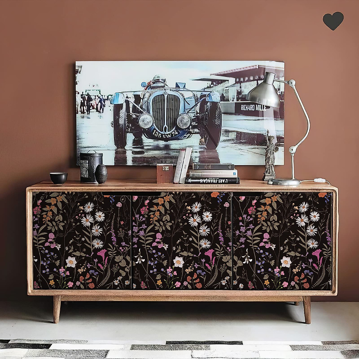 Wallpaper Self-Adhesive Blooming Vintage Colourful Flowers WallPaper for Bedroom Living Room Cabinet, Peel and Stick Beige Sketch Little Flowers Wallpaper Mural 14.2 sq. feet (118.1"x17.3", Black)