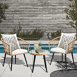PORWEY 3 Piece Patio Bistro Set, Outdoor Wicker Apartment Balcony Furniture Sets, Rattan Table and Chairs Set of 2 for Porch Backyard Lawn Poolside Deck, Beige
