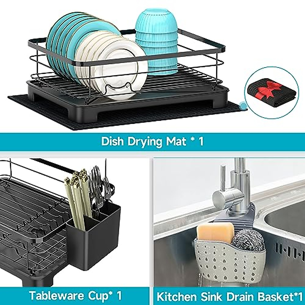Dish Drying Rack - Dish Rack for Kitchen Counter with With Dish Drying Mat a Cutlery Holder,Dish Drying Rack,Durable Kitchen Dish Rack for Tableware,Dish Drying Rack with Easy Installation,Black