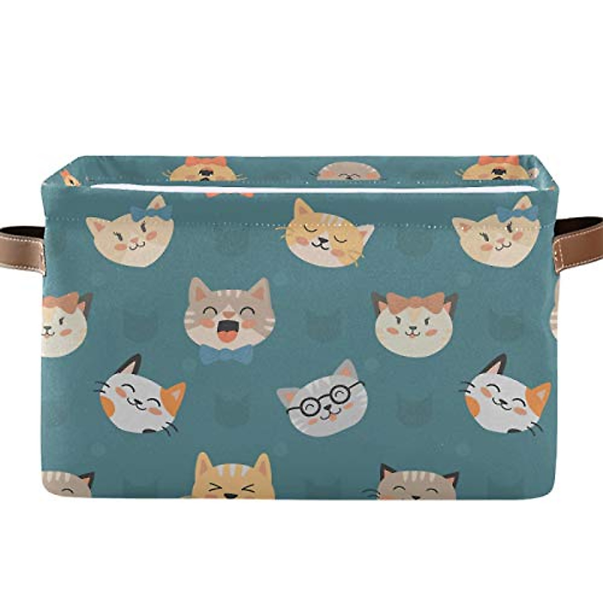 MNSRUU Storage Basket Cat Heads Collapsible Organizer Basket with PU Handles, Waterproof Nursery Basket Storage Bin for Shelves for Organizing Closet