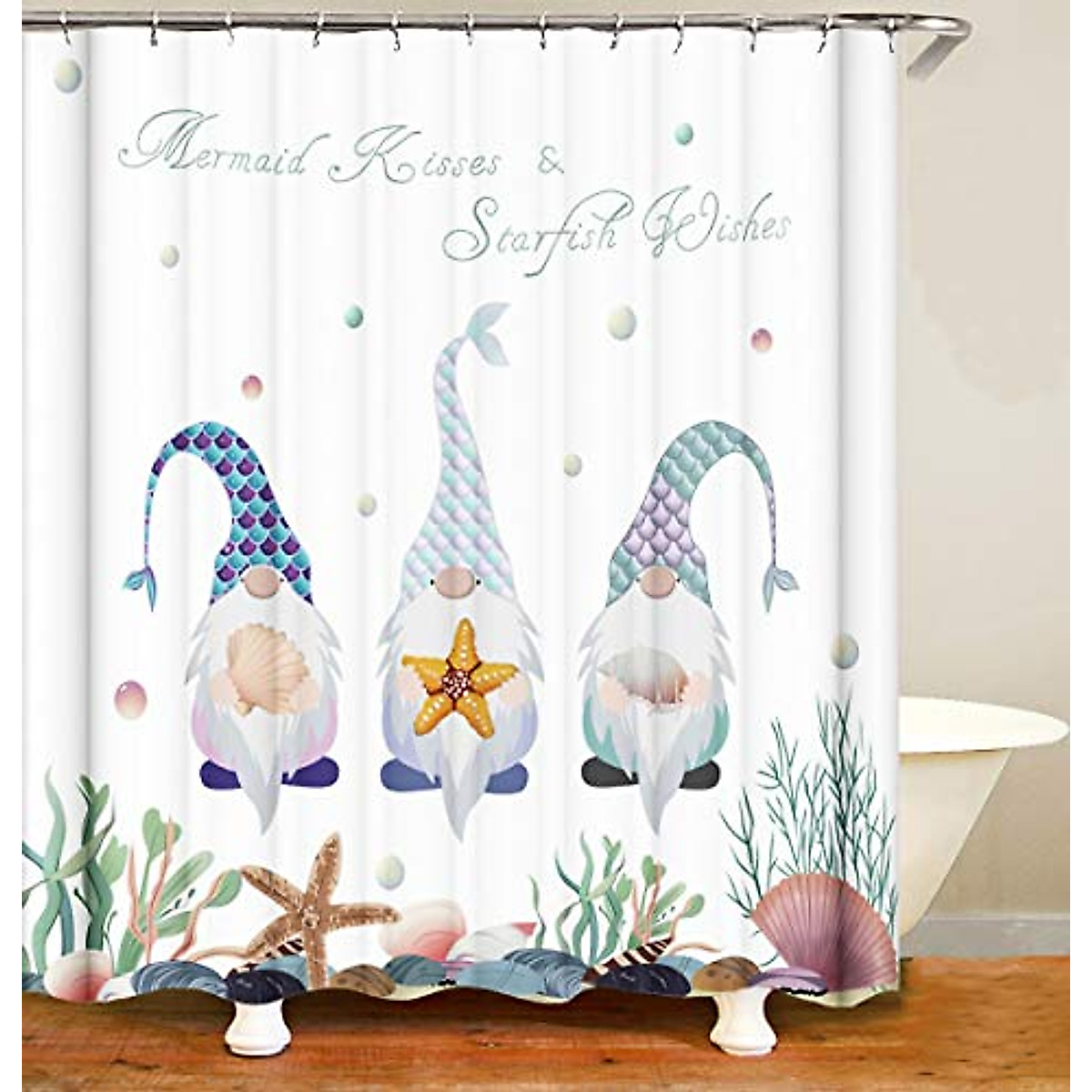 Godeufe 4Pcs Mermaid Gnome Shower Curtain Sets for Bathroom, Waterproof Bath Curtain Set with Non-Slip Rug, Toilet Lid Cover, Bath Mat and 12 Hooks, 70.8x70.8 Inches (White)
