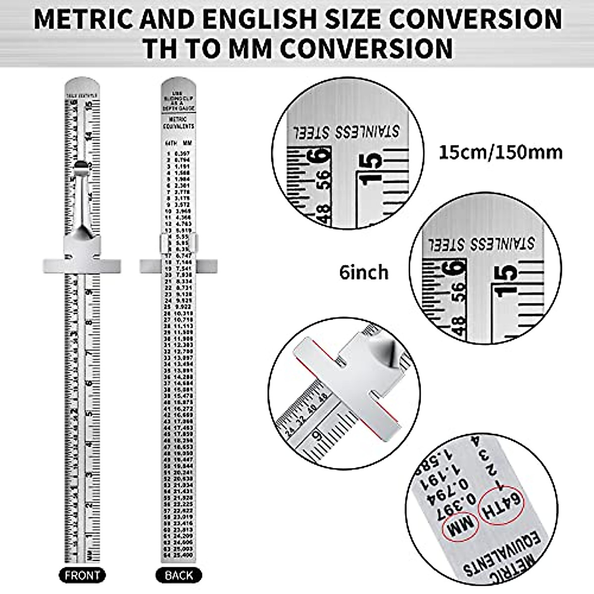 6 Inch 15 cm Pocket Ruler Flexible Precision Stainless Steel Ruler with Detachable Clips Stainless Steel Pocket Clip Scale Gauge Ruler Metric British System (6 Pieces)