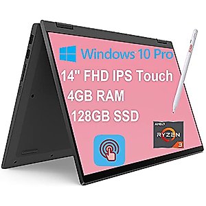 Lenovo Flex 5 14 2-in-1 Business Laptop 14" FHD IPS Touchscreen AMD Quad-Core Ryzen 3 4300U (Beats i7-10510U) 4GB RAM 128GB SSD AMD Radeon Graphics HDMI USB-C Dolby Audio Webcam Win10 Pro Grey + Pen