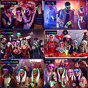 SHQDD158 PCS Glow in the Dark Party Supplies,14PCS LED Glasses, 30LED Finger Lights, 14LED Light Hairs and 100PCS Glow Sticks Bracelets, New year Party Favors for New Year, Wedding, Concert,Neon Party