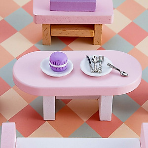 Skylety 4 Pieces 1:12 Scale Miniature Dollhouse Plates and 12 Pieces Spoons Knives Forks Metal Tableware Kitchen Accessories Miniatures Porcelain Plate Set Dollhouse Decoration