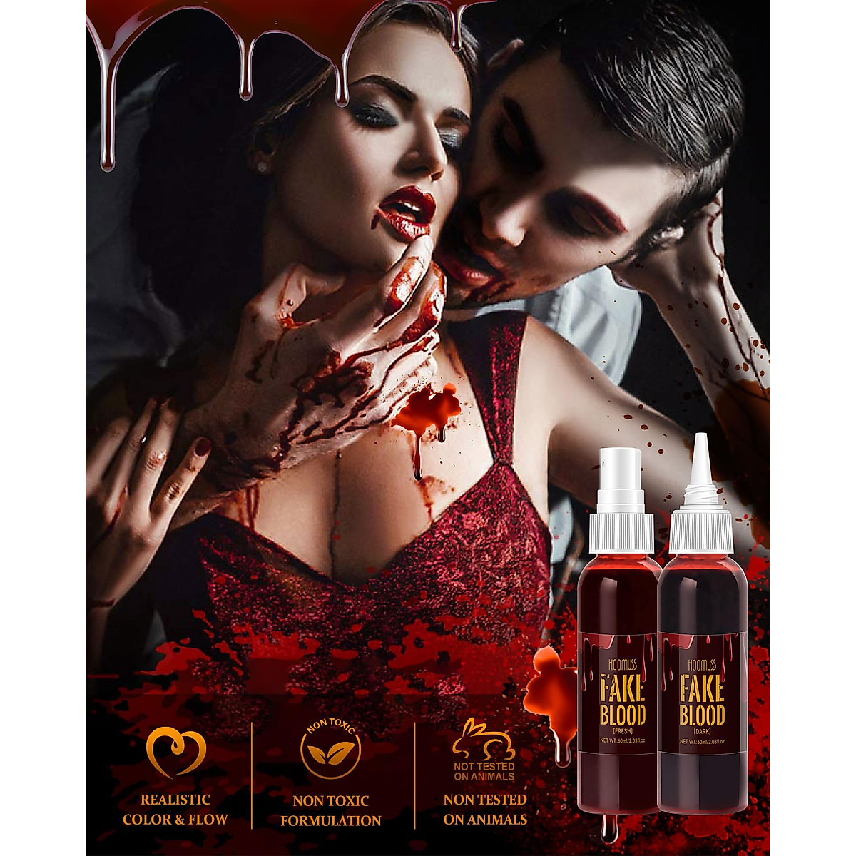 Halloween Fake Blood Makeup, Fake Blood Spray 2.03oz + Dripping Blood 2.03oz, Washable Realistic Fake Blood for Clothes, Sfx Special Effects Makeup Kit for Vampire Monster Zombie Cosplay (Red)