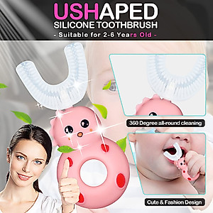 CEECOLES Kids U-Shaped Toothbrush, Cute Cartoon -Design Whole Mouth Cleaning Tooth Brush, U Type with Food Grade Soft Silicone Head for Kid Child 2 - 6 Years Old (KonglongtoothRED)