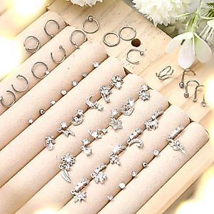 Trnayi 48 Pcs Dangle Nose Rings for Women Nose Piercings Jewelry with Charm L Shape Nose Studs Hoops Stainless Steel Indian Nose Rings for Women(Silver)