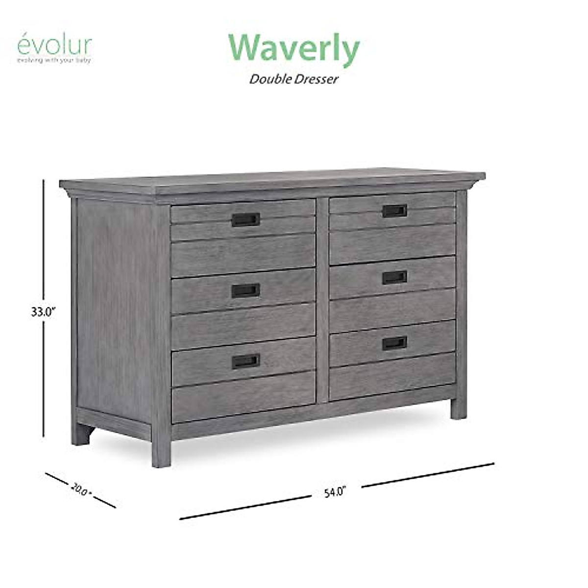 Evolur Waverly Double Dresser, Rustic Grey , 54x20.25x33 Inch (Pack of 1)