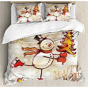 Ambesonne Christmas Duvet Cover Set, Skating Happy Snowman Xmas Tree Cheerful Hand Drawn Ornate Snowflakes, Decorative 3 Piece Bedding Set with 2 Pillow Shams, Queen Size, Beige White
