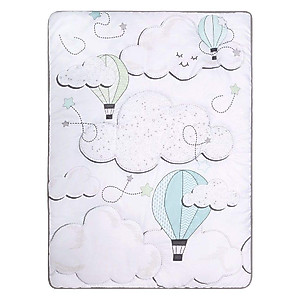 TRP 4 Piece Multi Color Whimsical Starry Cloudy Sky Crib Bedding Set, Beautiful All Over Clouds Stars Hot Air Balloons Grey Green Blue Hues Soft White Plush Fabric Cozy Comfy Nursery Decor
