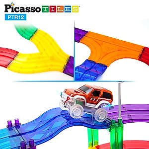 PicassoTiles 12 Piece Race Track Add-On Magnetic Building Block Set Magnet Tiles Construction Toy STEM Learning Kit Early Education Kids Toys Playset Pretend Play Blocks Child Brain Development PTR12