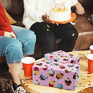 Boerni Pink Birthday Wrapping Papers, 6 Sheets Cupcake Muffin Printed Pattern Wrap Papers, 20 x 28 inch Per Sheet Folded Flat with 1 Roll Pink Ribbon for Baby Shower Wedding Girls Gift Wrap