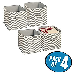 mDesign Large Soft Fabric Closet, Home Storage Organizer Cube Bin Box, Front Handle - Storage for Closet, Bedroom, Furniture Shelving Units - Chevron Zig-Zag Print, 12.75" High, 4 Pack - Taupe/Natural