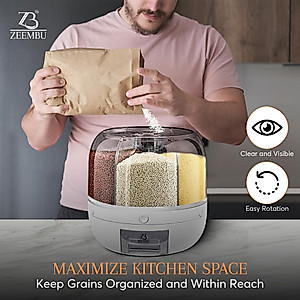 ZEEMBU Grain and Rice Dispenser, 8 Quarts Rotating 360° Kitchen Dry Food Storage Container with 6 Compartments, Easy Disassembly for Cleaning, Compact Design