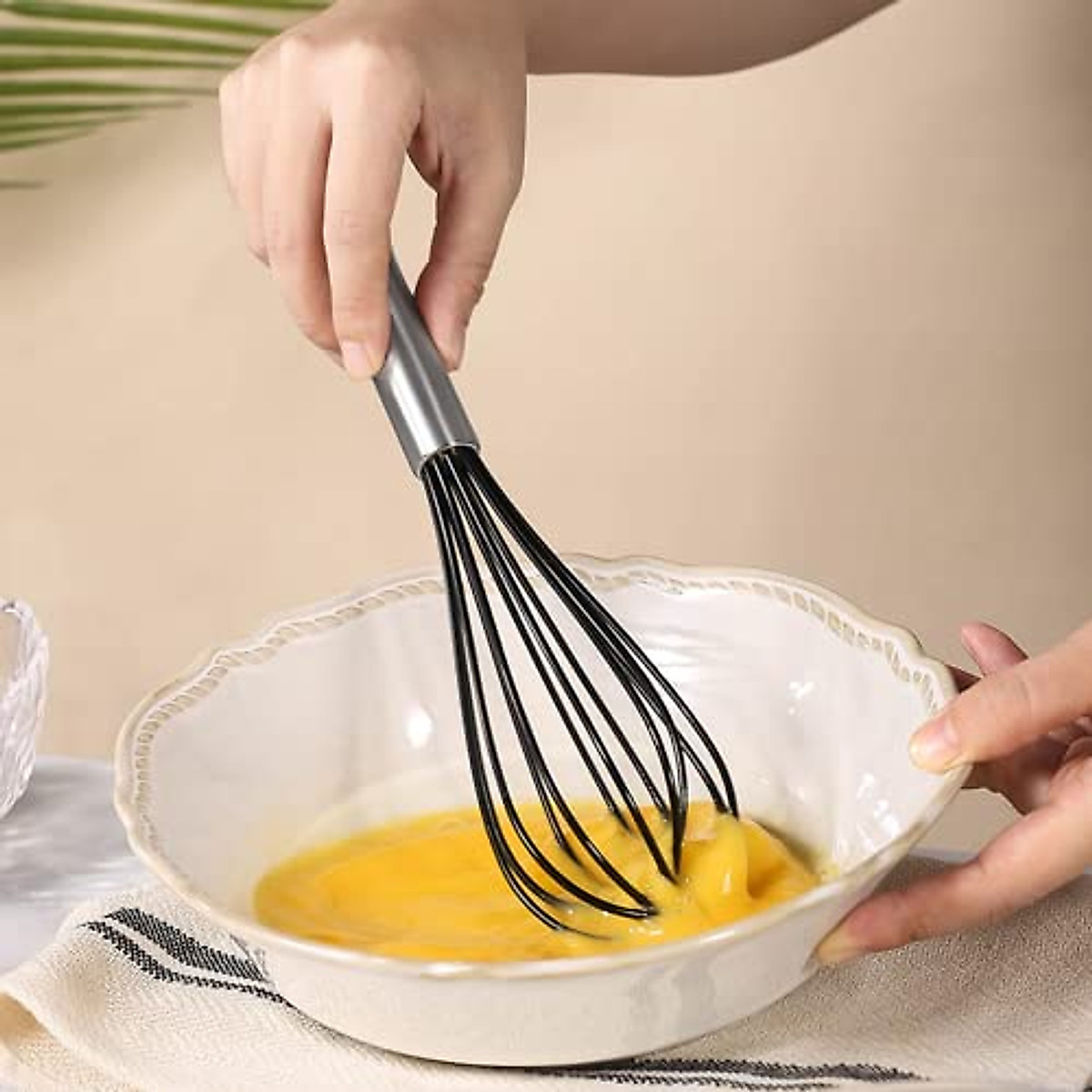 NileHome Whisk Commercial Whisks Stainless Steel & Silicone Non-Stick Coated Small Whisk Set 8" 10" 12" Kitchen Wisk Wire Whisks for Cooking 3 Pack, Black