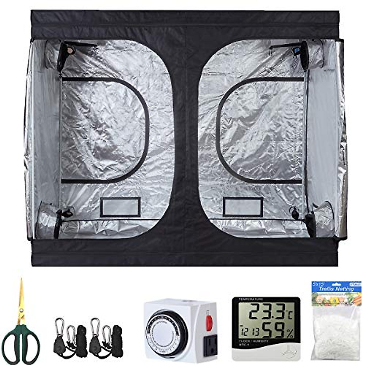 TopoLite Grow Tent Kit 120"x60"x80" Indoor Plants Dark Room+2Pcs Grow Light Hangers+1-pack 5x15ft Plant Trellis Netting+1Pcs Timer+1Pcs 60mm Bonsai Shear+1Pcs Thermometer Hygrometer (120"x60"x80" Kit)