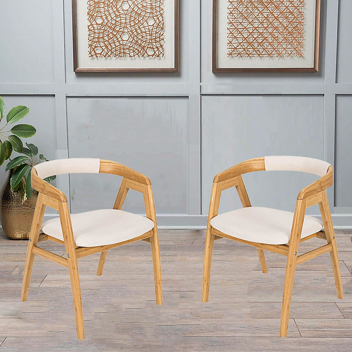 UJOYPAD Modern Mid Century Curved Back Leisure Chairs, Accent Fabric Leisure Chair with Anti-Slip Foot Pads,Bamboo Dining Chair Armchair for Living Room,Bedroom,Natural