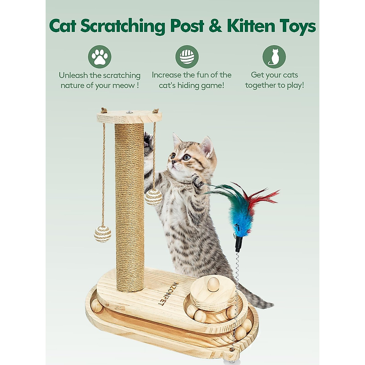 NZONPET Cat Scratching Post 16.54" Tall Scratch Post Premium Sisal Rope Scratch Posts for Kitten and Adult Cats All Natural Rope Wooden Ball Track Interactive Toy with Dangling Ball