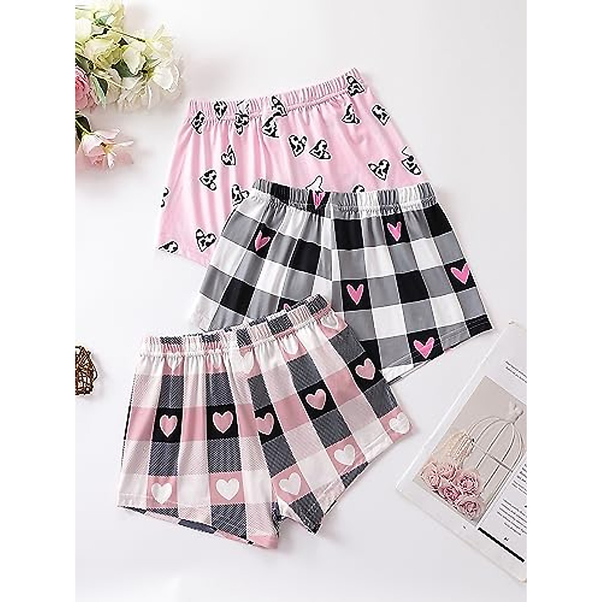 Verdusa Girl's Plaid Print Elastic Waist Casual Shorts Plaid Heart Multi 150